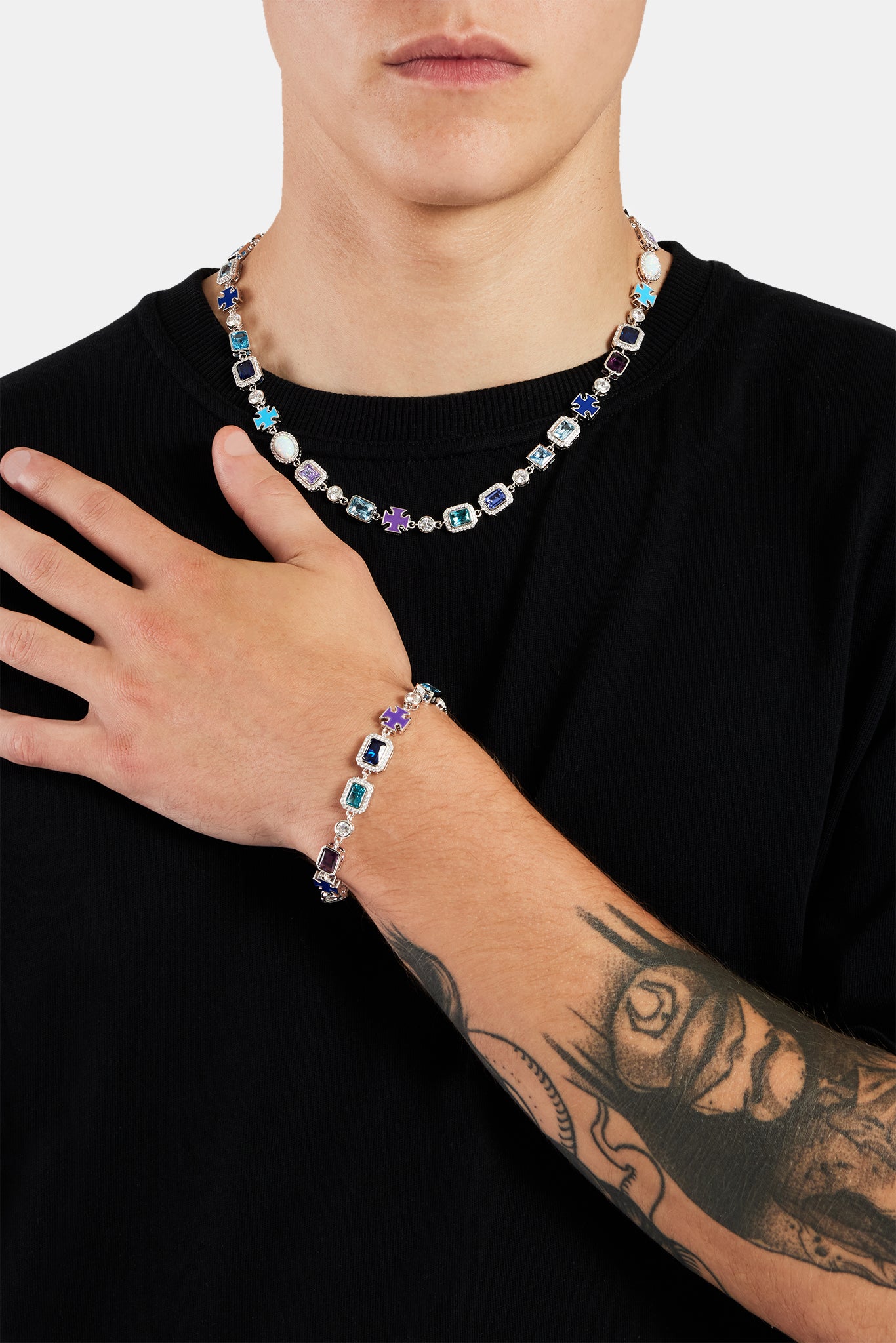 Multi Gem Stone Motif Necklace & Bracelet Bundle - White | Mens Bundles ...
