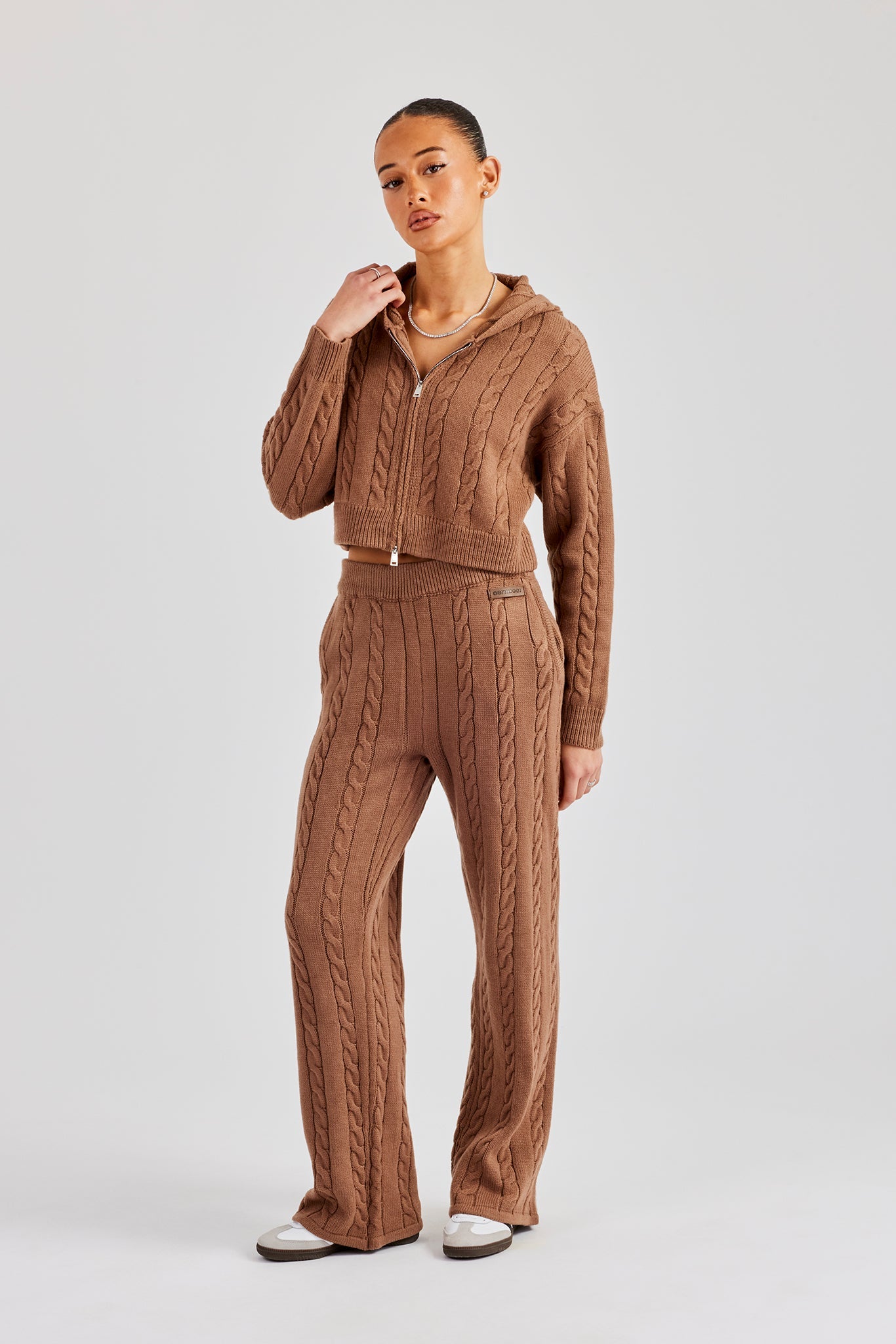 Cable Knit Cropped Knitted Hoodie & Wide Leg Jogger - Tan | Womens Sets ...