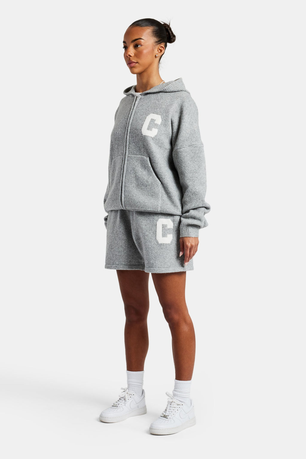 Hooded Zip Through Knitted Short Tracksuit - Grey | Womens Sets | Shop ...