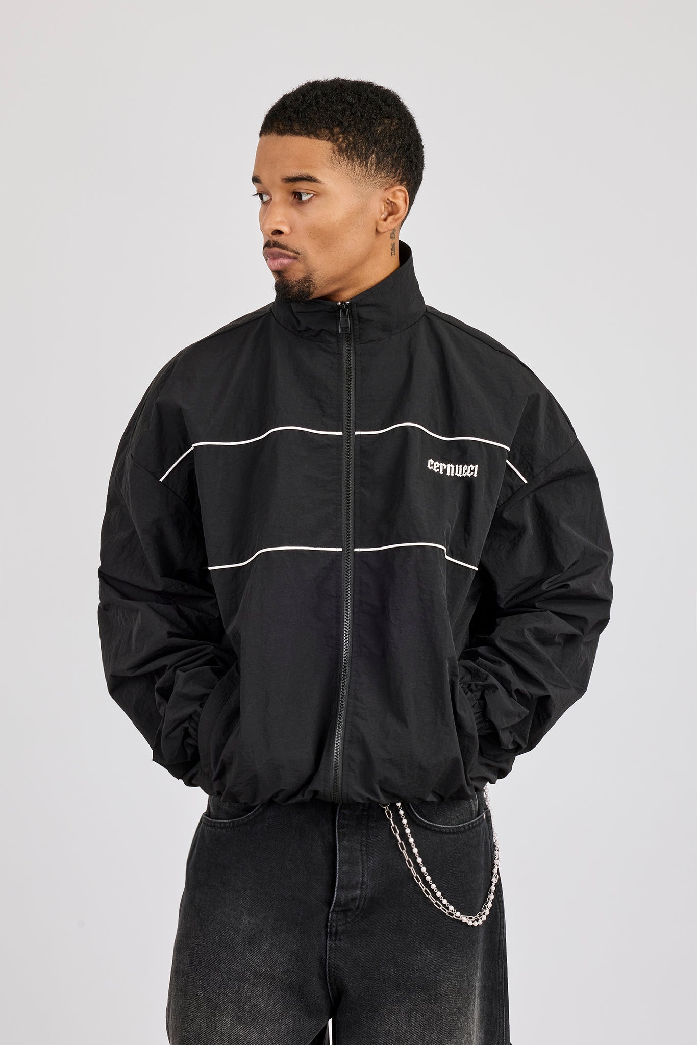 Nylon Contrast Funnel Neck Track Jacket - Black – Cernucci US