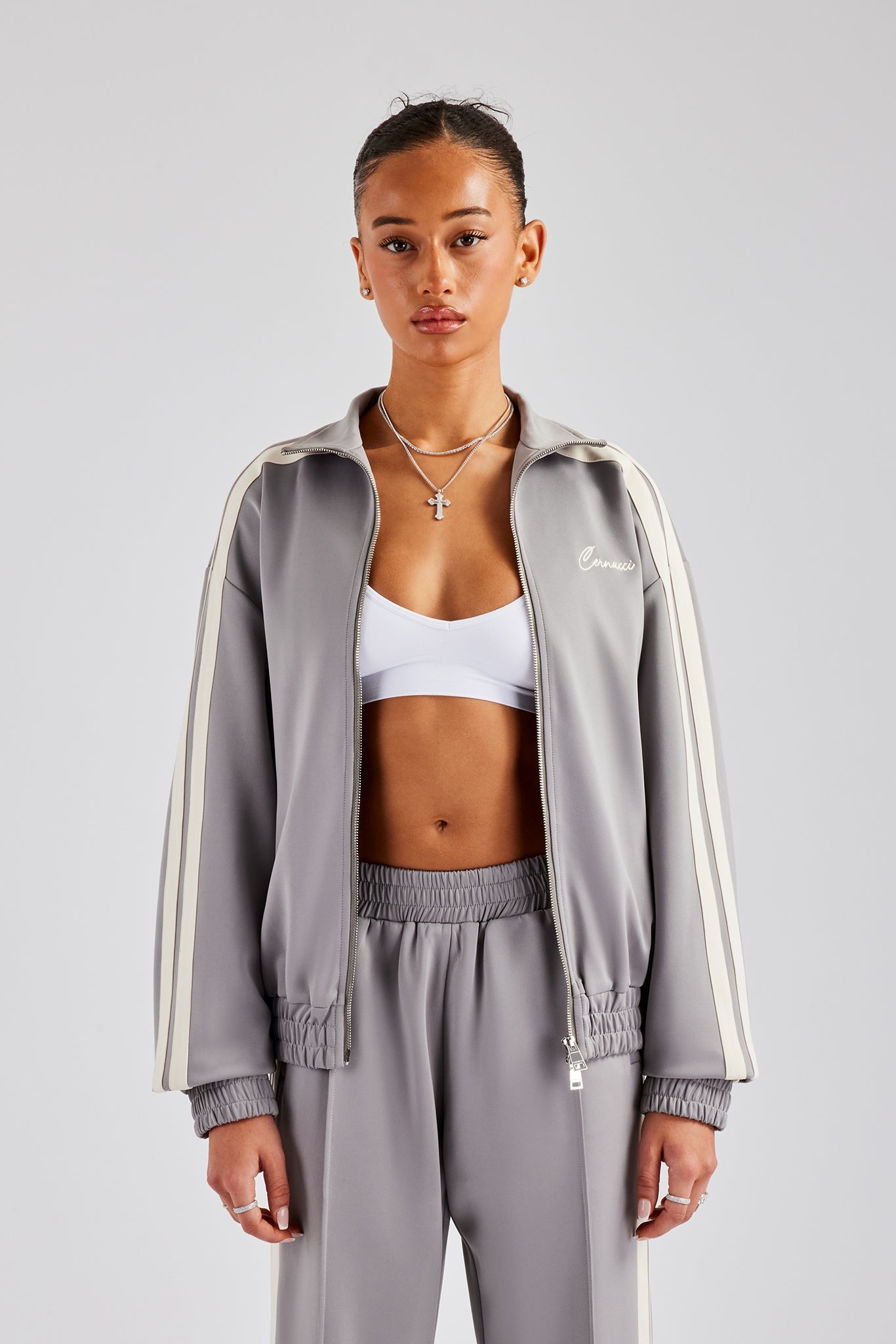 Funnel Neck Taping Zip Through Track Jacket - Grey | Womens Outerwear ...