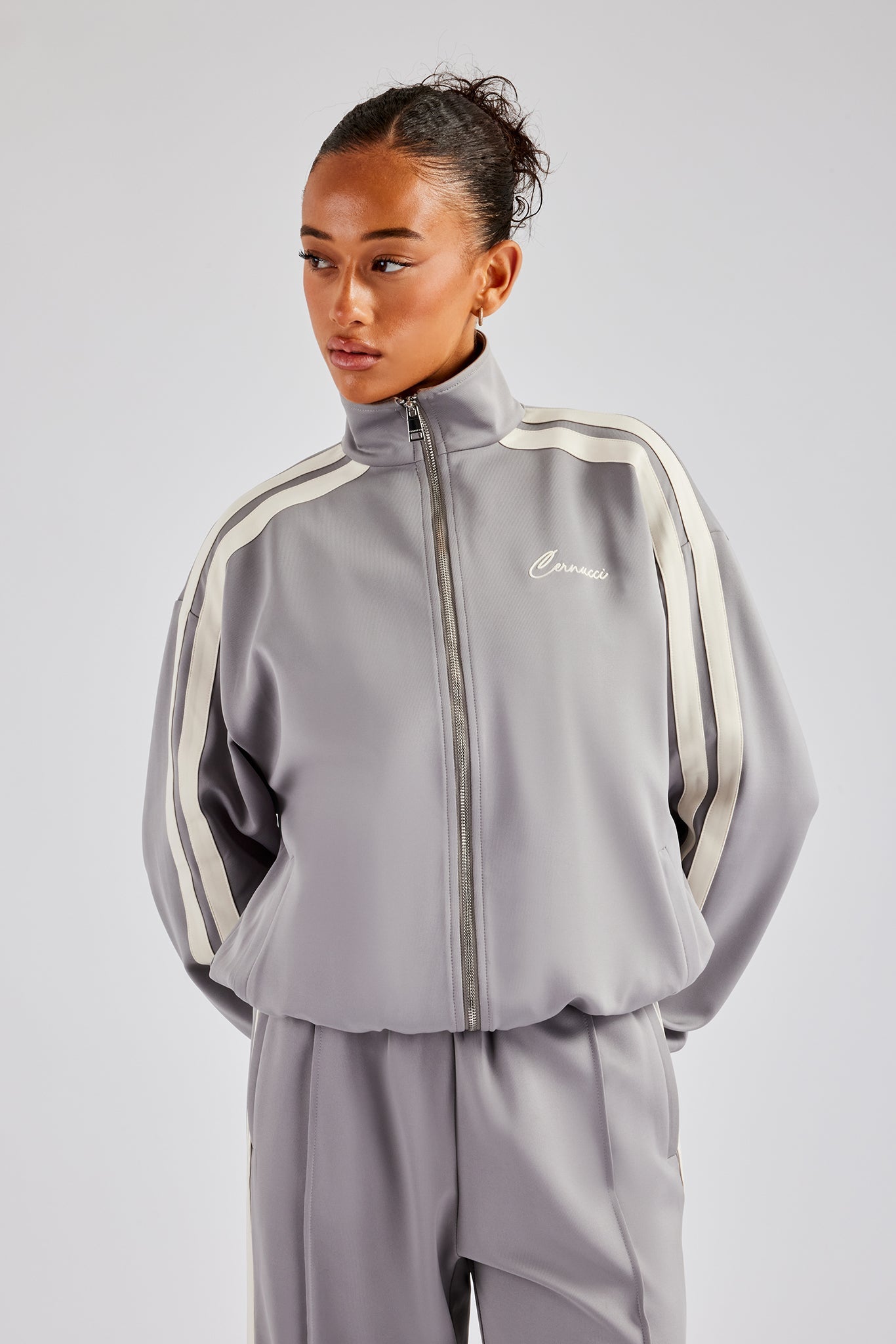 Funnel Neck Taping Zip Through Track Jacket - Grey | Womens Outerwear ...