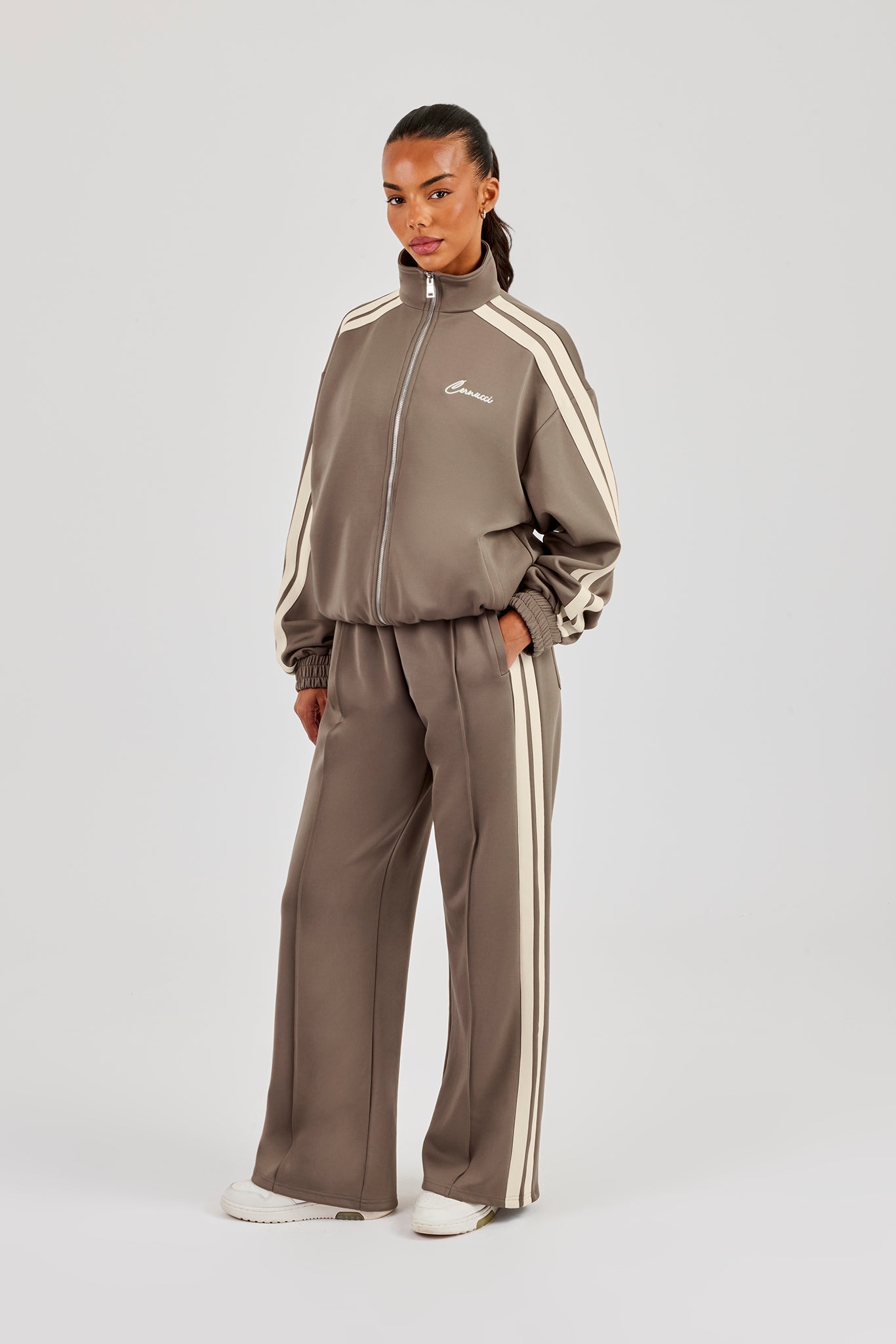 Funnel Neck Taping Zip Through Track Jacket & Wide Leg Pant - Taupe ...