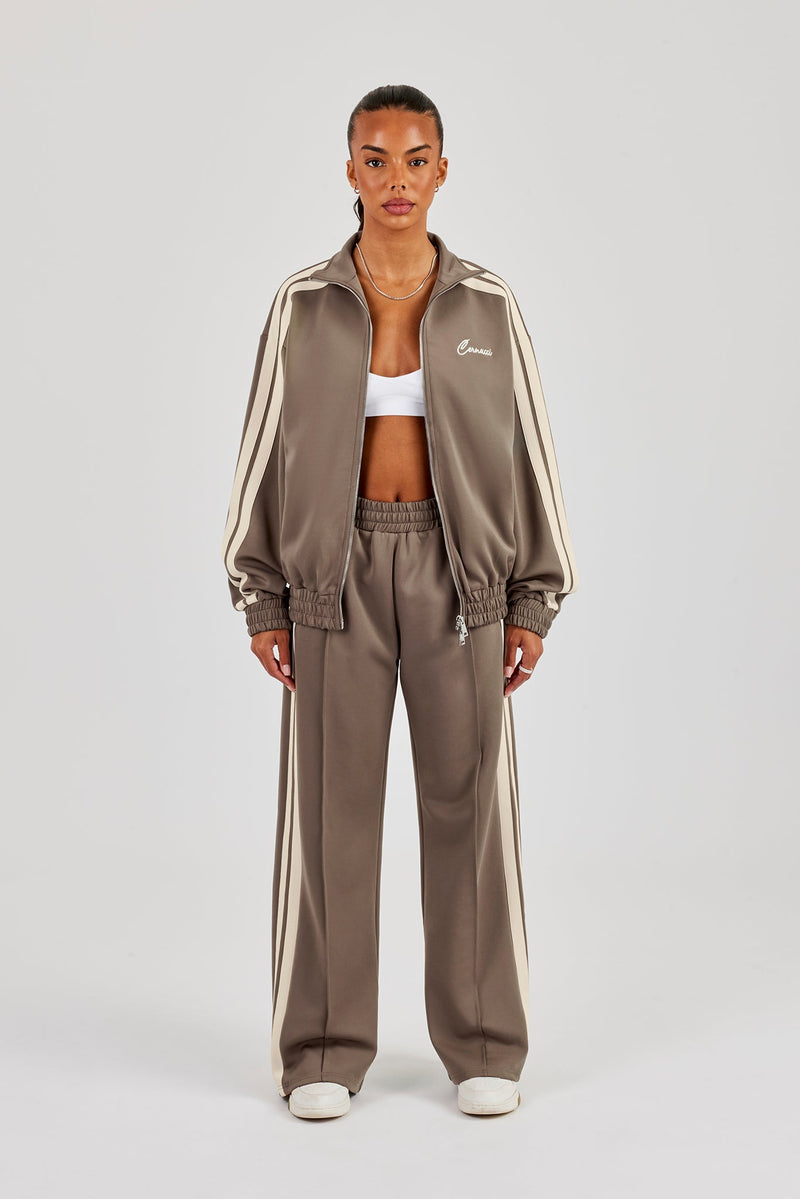 Funnel Neck Taping Zip Through Track Jacket & Wide Leg Pant - Taupe ...