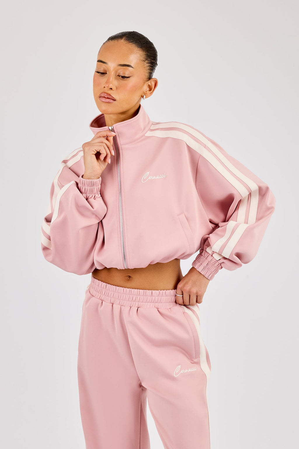 Taping Cropped Funnel Neck Jacket - Dusty Pink | Womens Outerwear ...