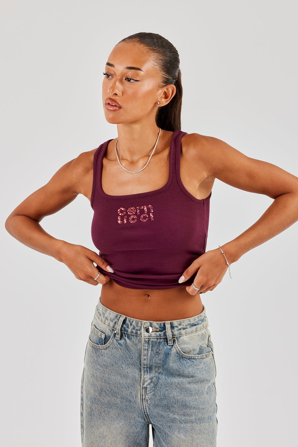 Rib Glitter Applique Vest - Burgundy | Womens Tees & Vests | Shop Vests ...