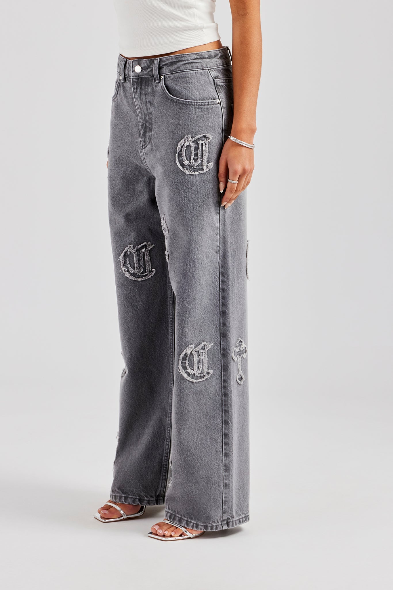 Ladies Raw Edge Applique Cross Baggy Jean - Washed Grey | Womens Denim ...