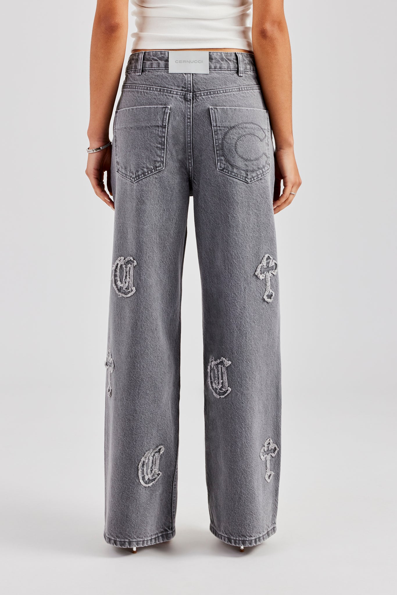 Ladies Raw Edge Applique Cross Baggy Jean - Washed Grey | Womens Denim ...