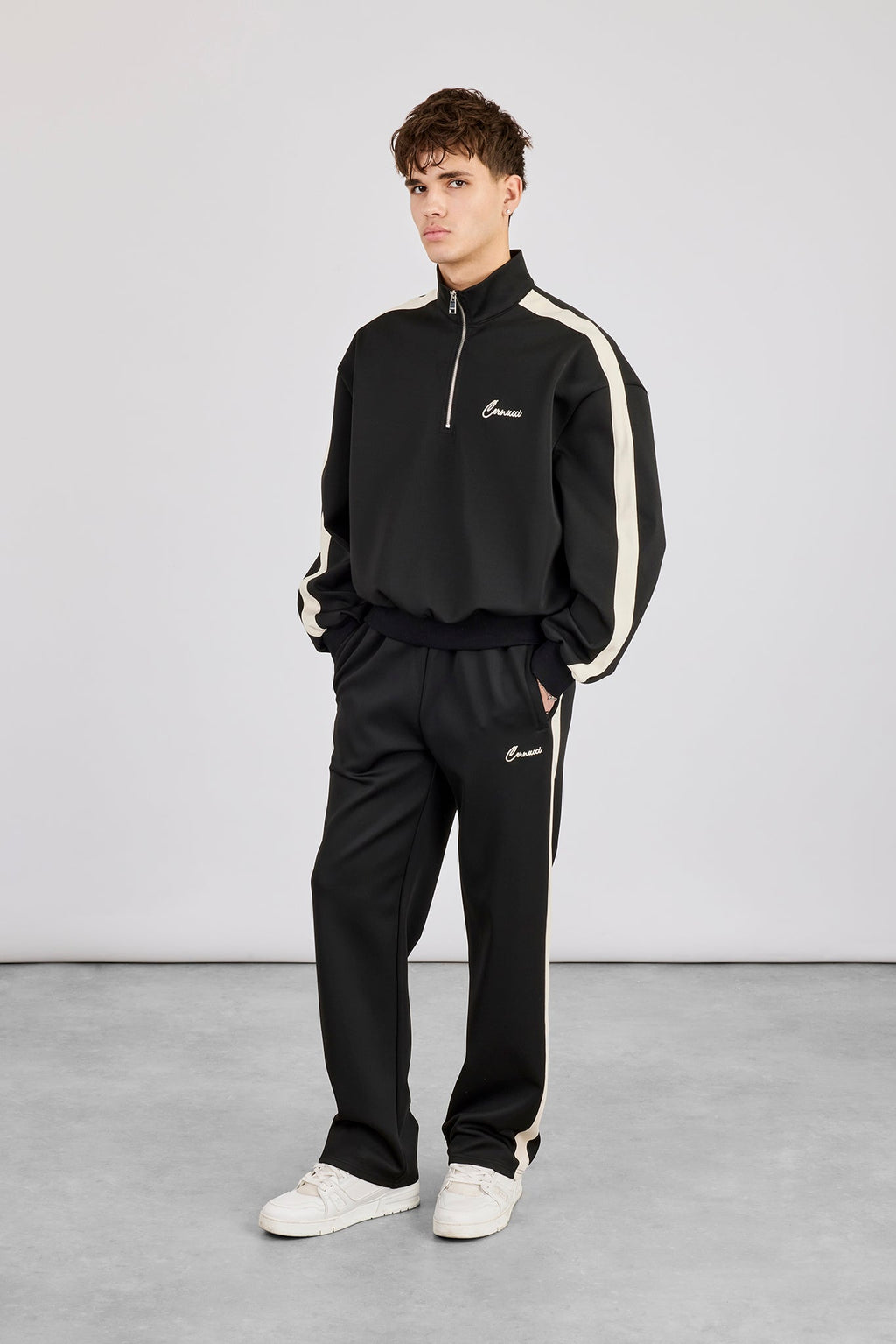 Half Zip Funnel Neck With Side Panel & Relaxed Jogger - Black | Mens ...