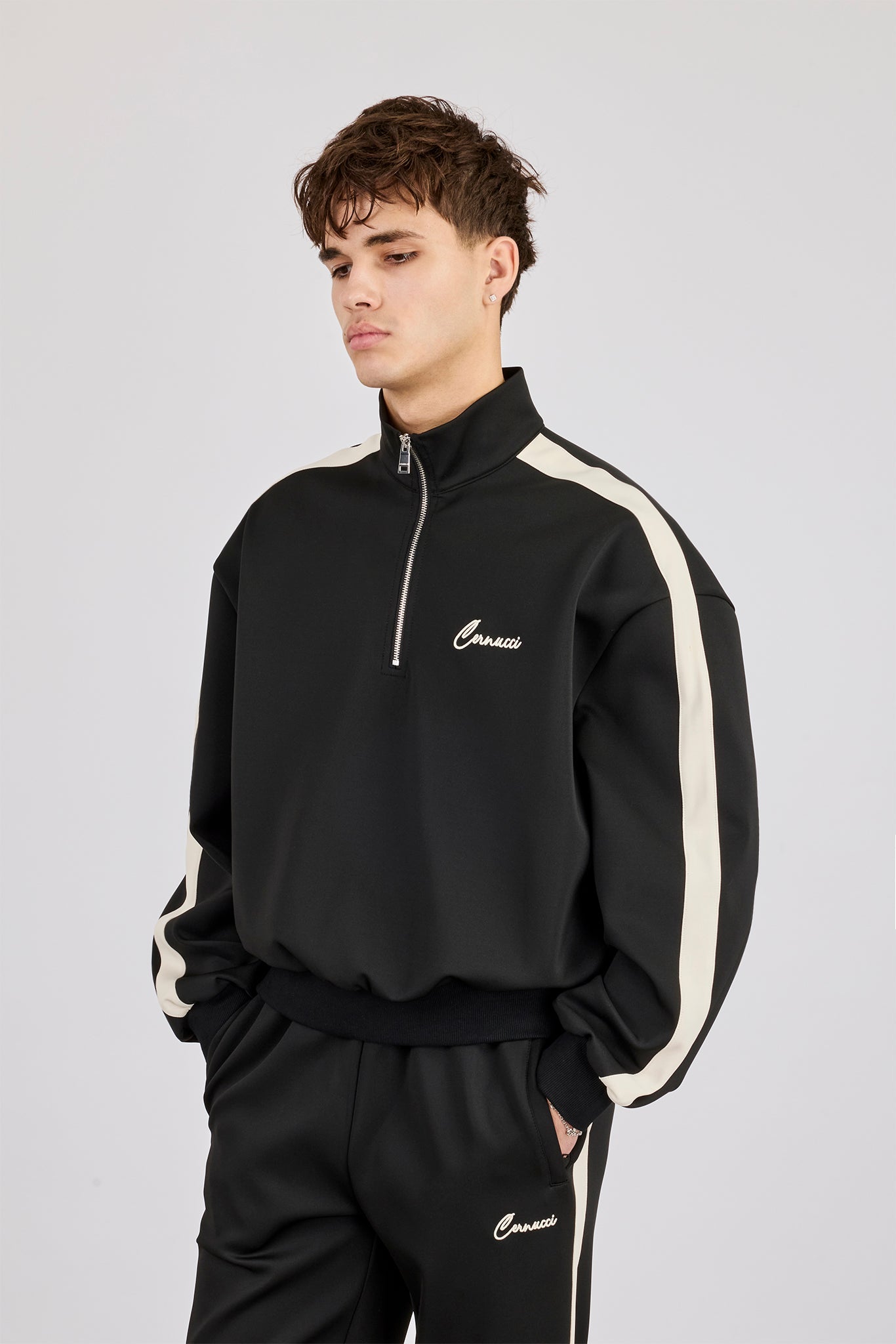 Half Zip Funnel Neck With Side Panel - Black | Mens Hoodies & Sweats ...