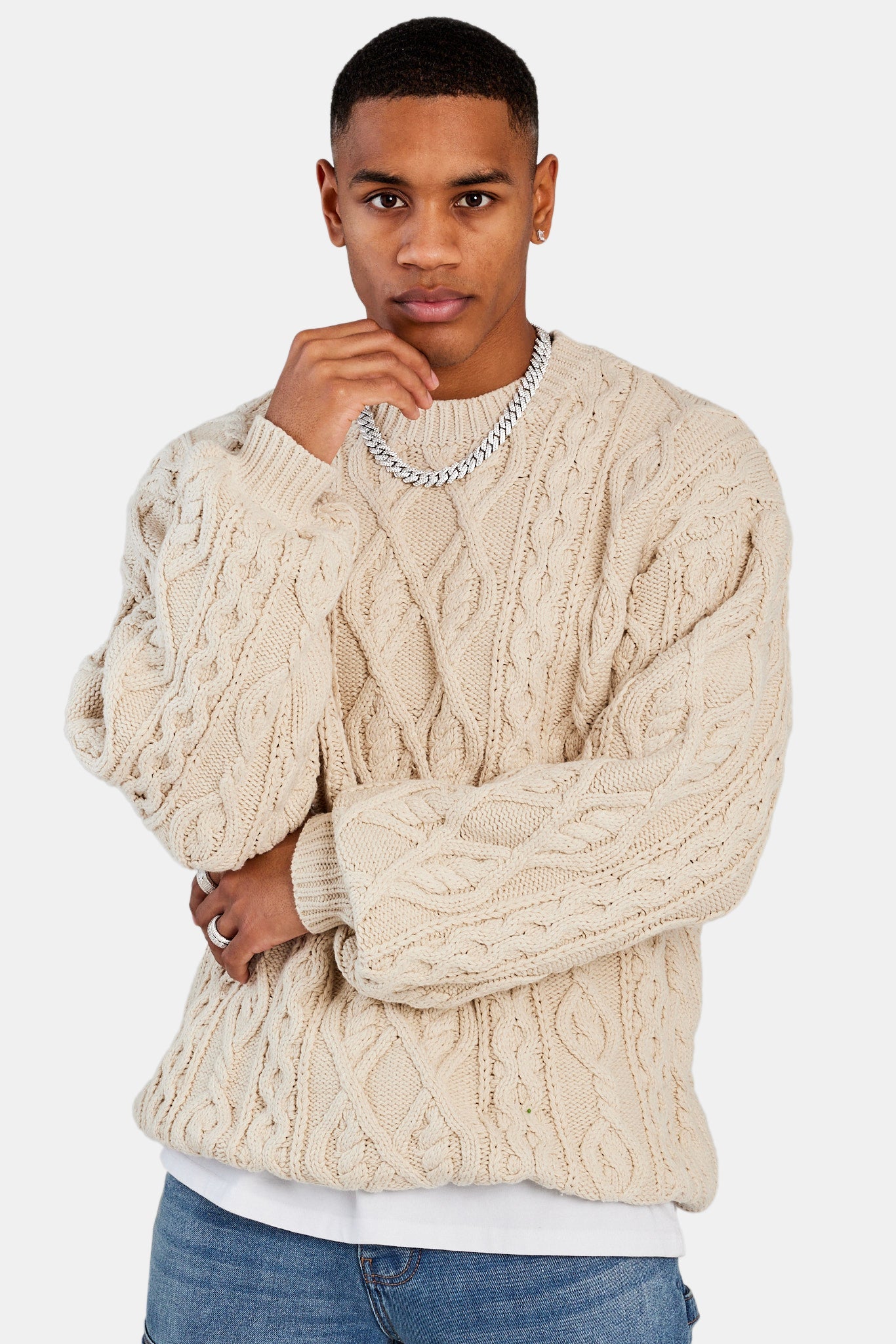 Cable Knit Varsity Sweater - Beige | Mens Knitwear | Shop Knitwear ...